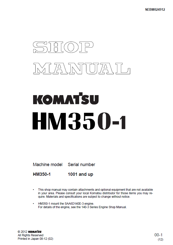 Komatsu Shop Manual HM350-1 1001 and up Dump Truck SEB - MYServiceManuals