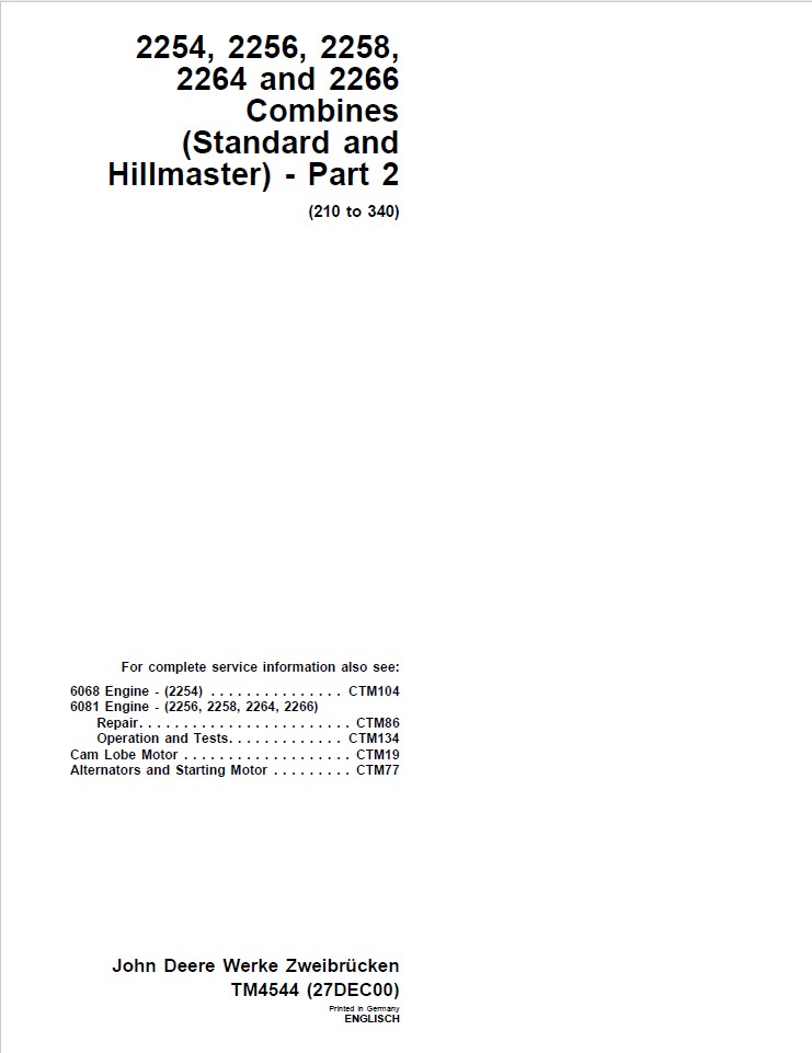 John Deere 2254, 2256, 2258, 2264, 2266 Standard and H - MYServiceManuals