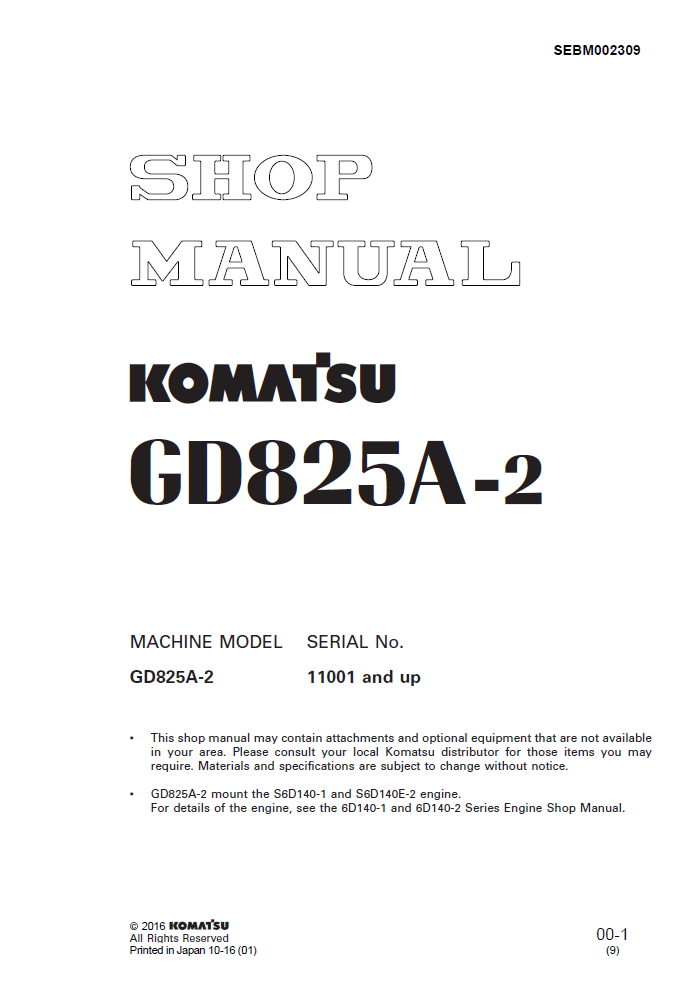 Komatsu Shop Manual GD825A-2 11001 and up Motor Grader - MYServiceManuals