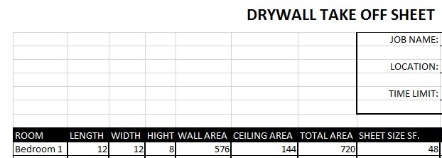 Drywall Take off Sheet - Excel Templates