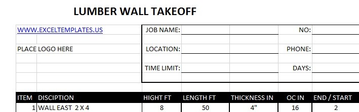 Lumber Wall Takeoff - Excel Templates