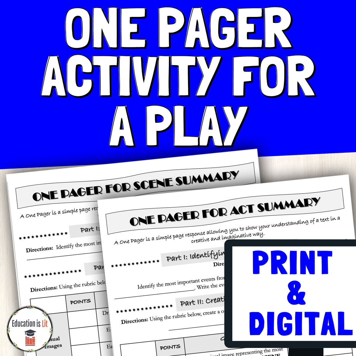 One Pager Activity for a Play - Education is Lit