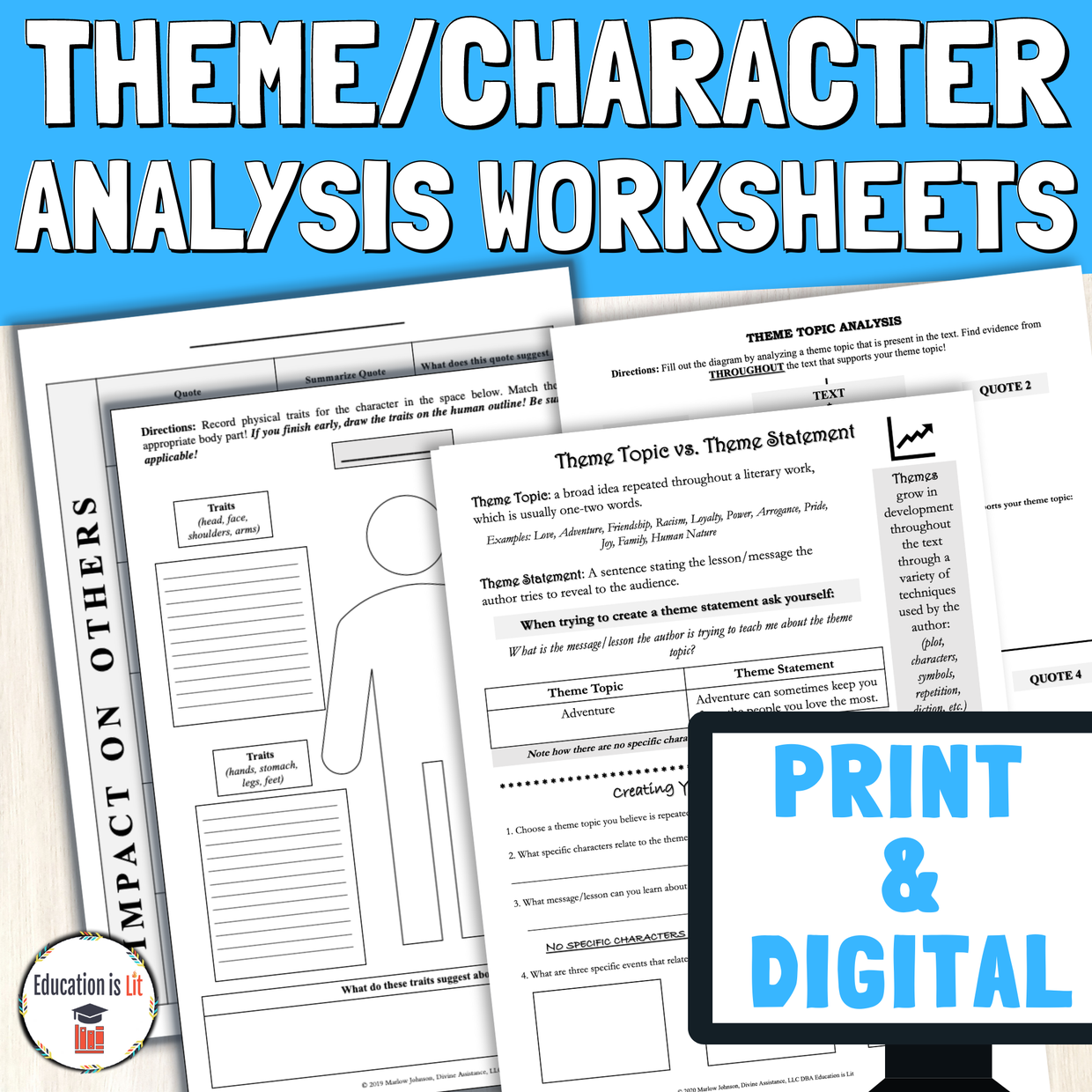 Bundle of Worksheets for Theme and Character Analysis - Education is Lit