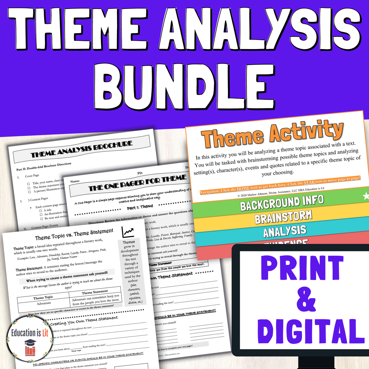 Bundle of Worksheets and Activities for Theme Analysis - Education is Lit
