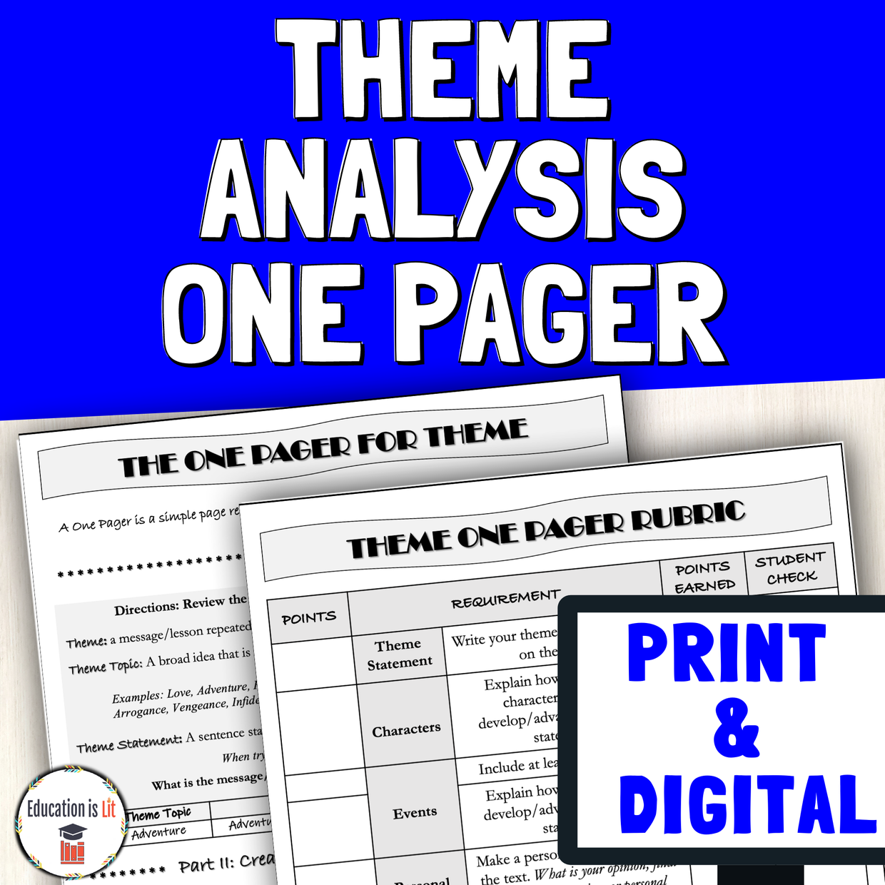 One Pager Template for Theme Analysis - Education is Lit