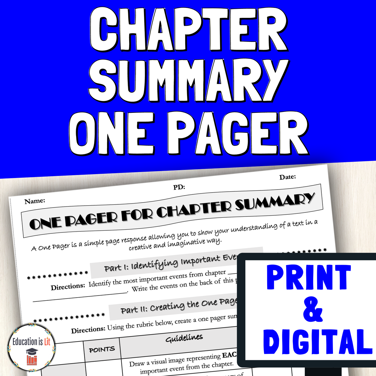 One Pager Activity for Chapter Summary & Analysis - Education is Lit