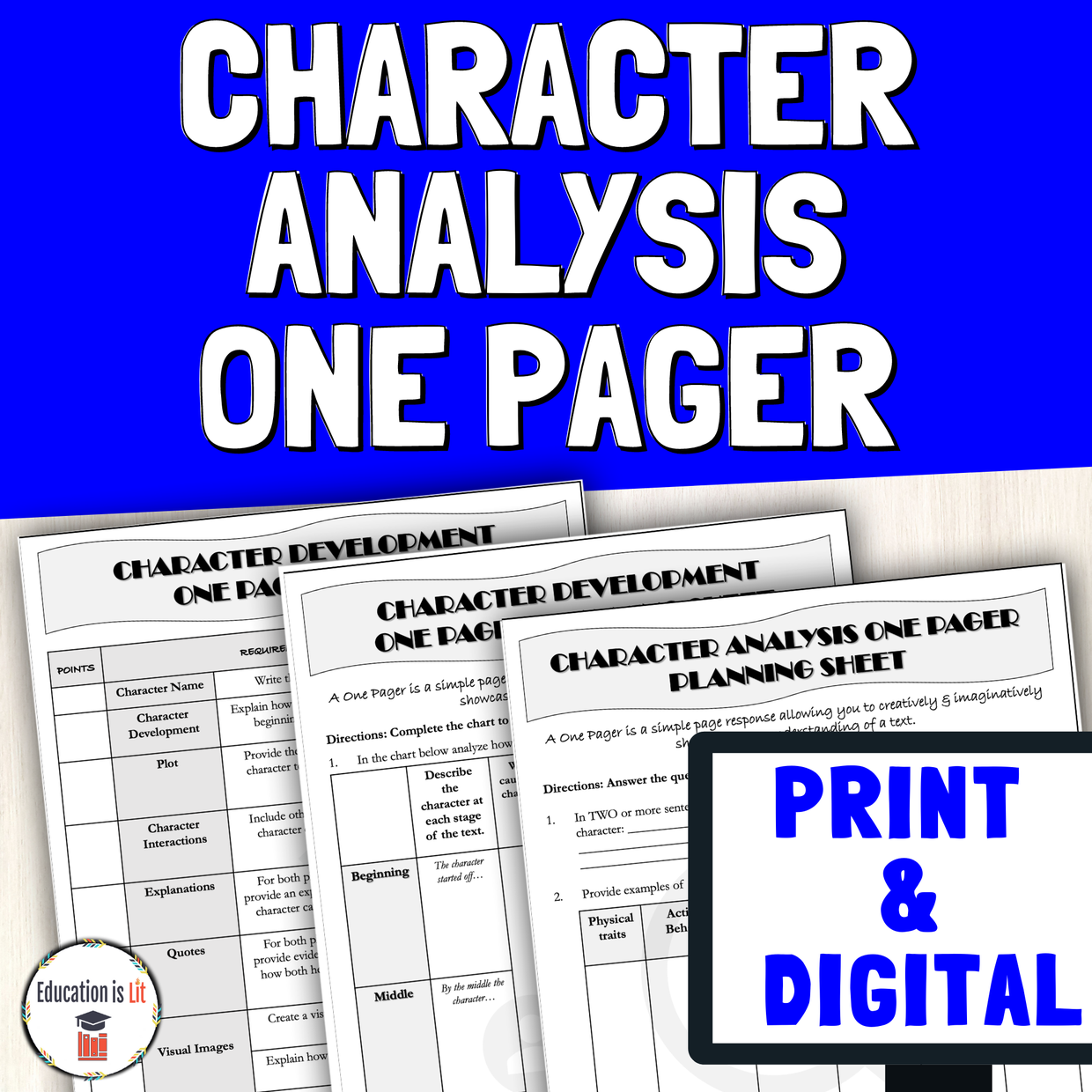 One Pager for Activity for Analyzing Characters - Education is Lit
