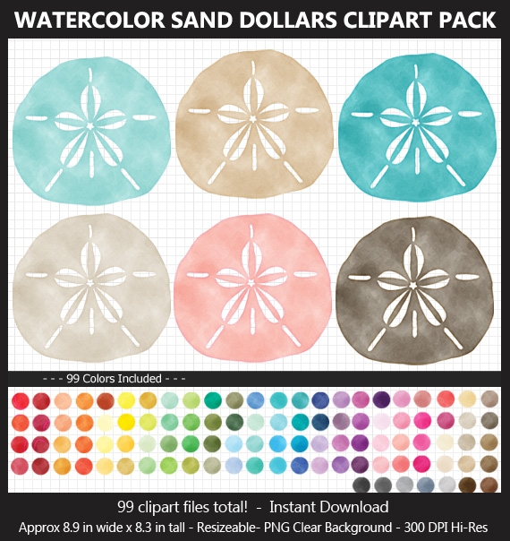 Watercolor Sand Dollars Clipart Pack - 99 Colors, Ocea ...