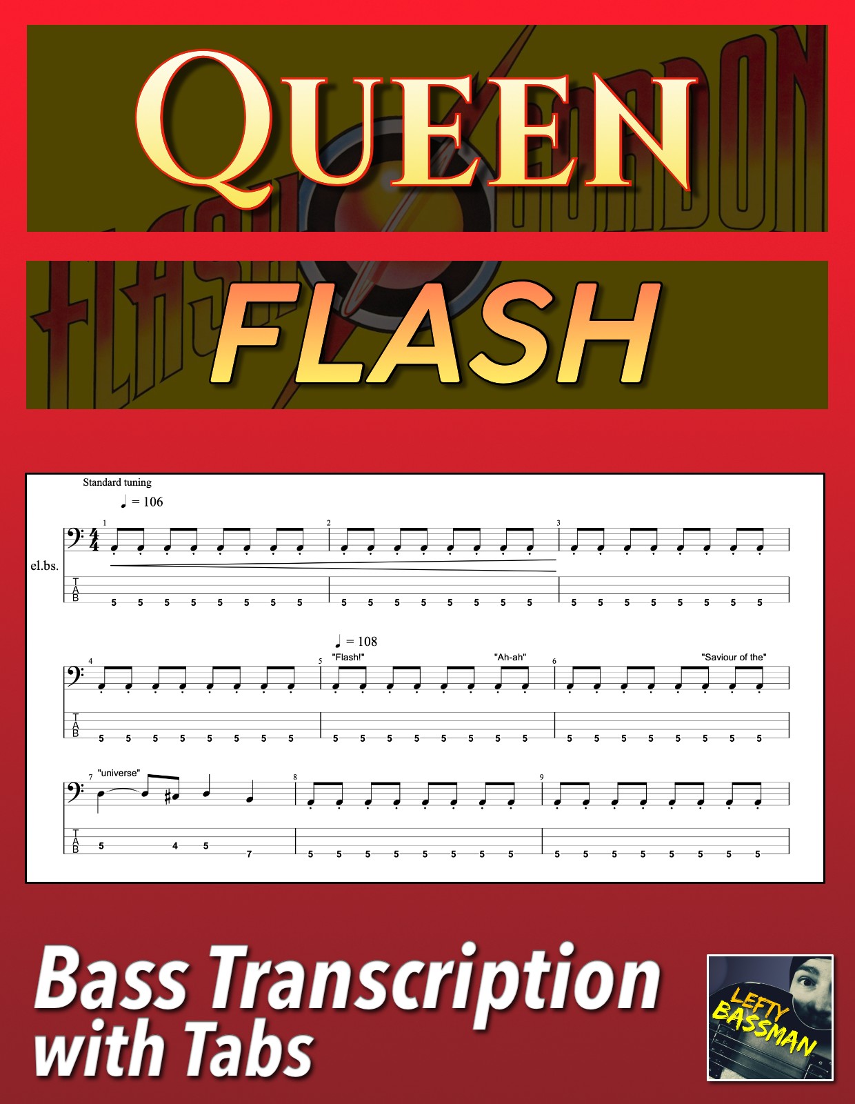 Queen - Flash /// Bass transcription with tabs & Audio - Lefty Bassman