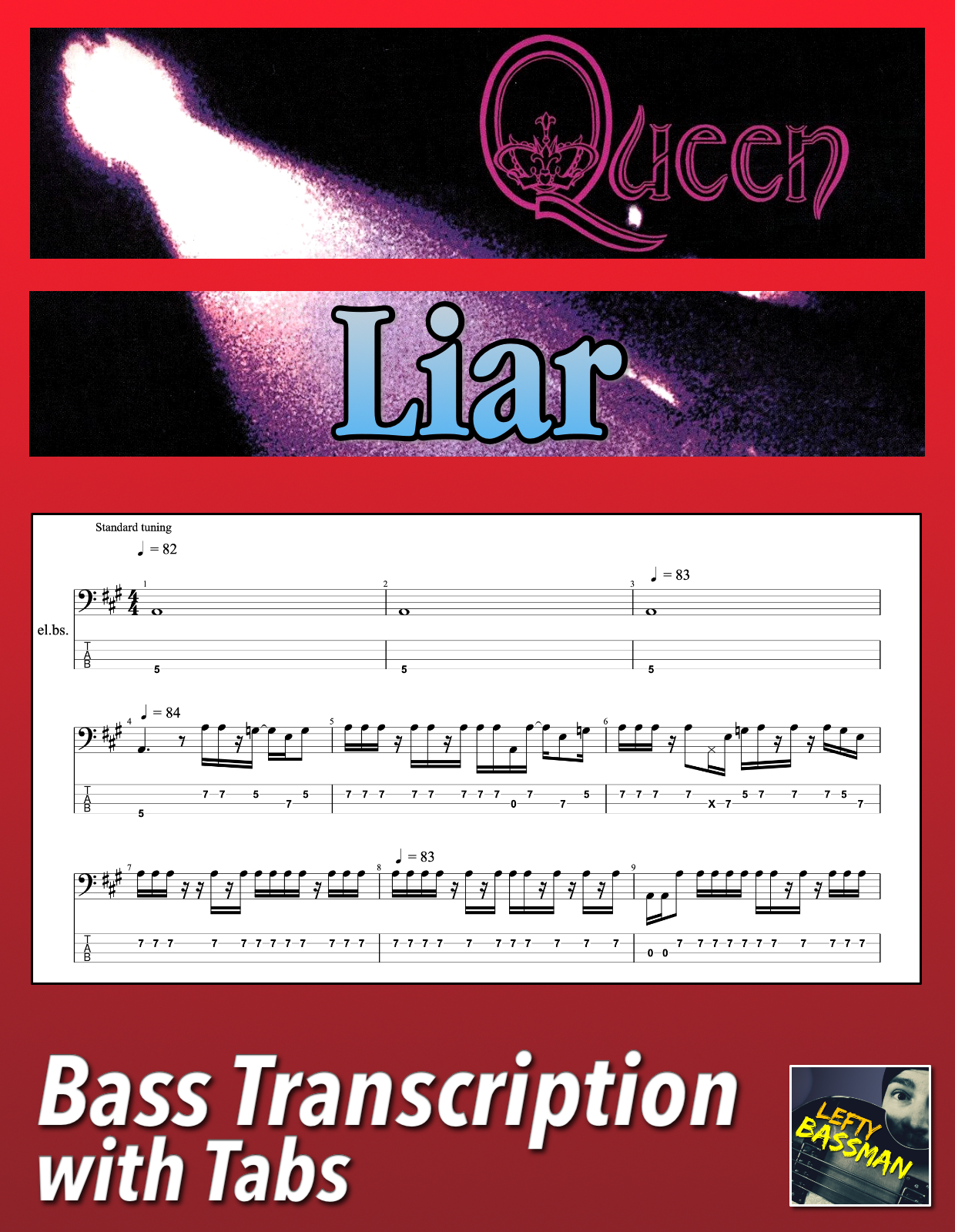 Queen - Liar /// Bass transcription with tabs & Audio - Lefty Bassman