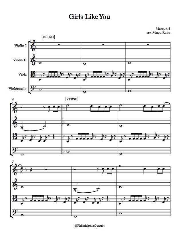 Girls Like You by Maroon 5 - String Quartet Sheet Musi - MRmusic