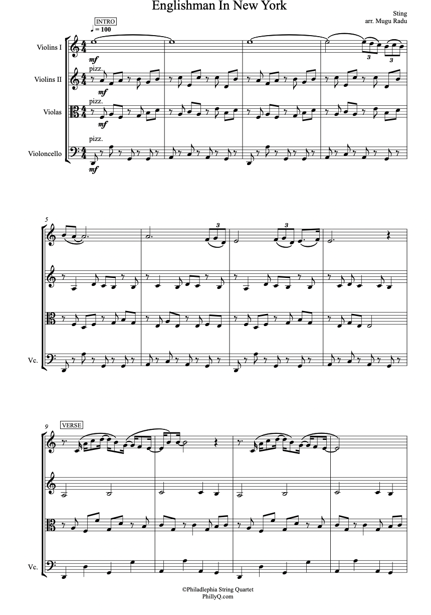 Englishman in New York by Sting - String Quartet Sheet - MRmusic