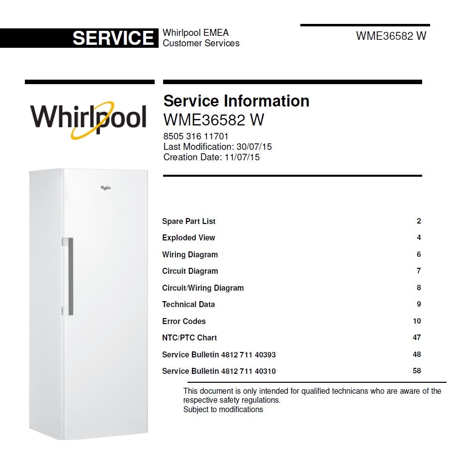 Whirlpool WME36582 W Freezer Service Manual & Technici - serviceandrepair