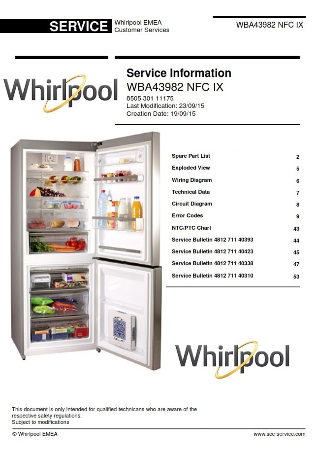 Whirlpool WBA43982 NFC IX Refrigerator Service Manual - serviceandrepair