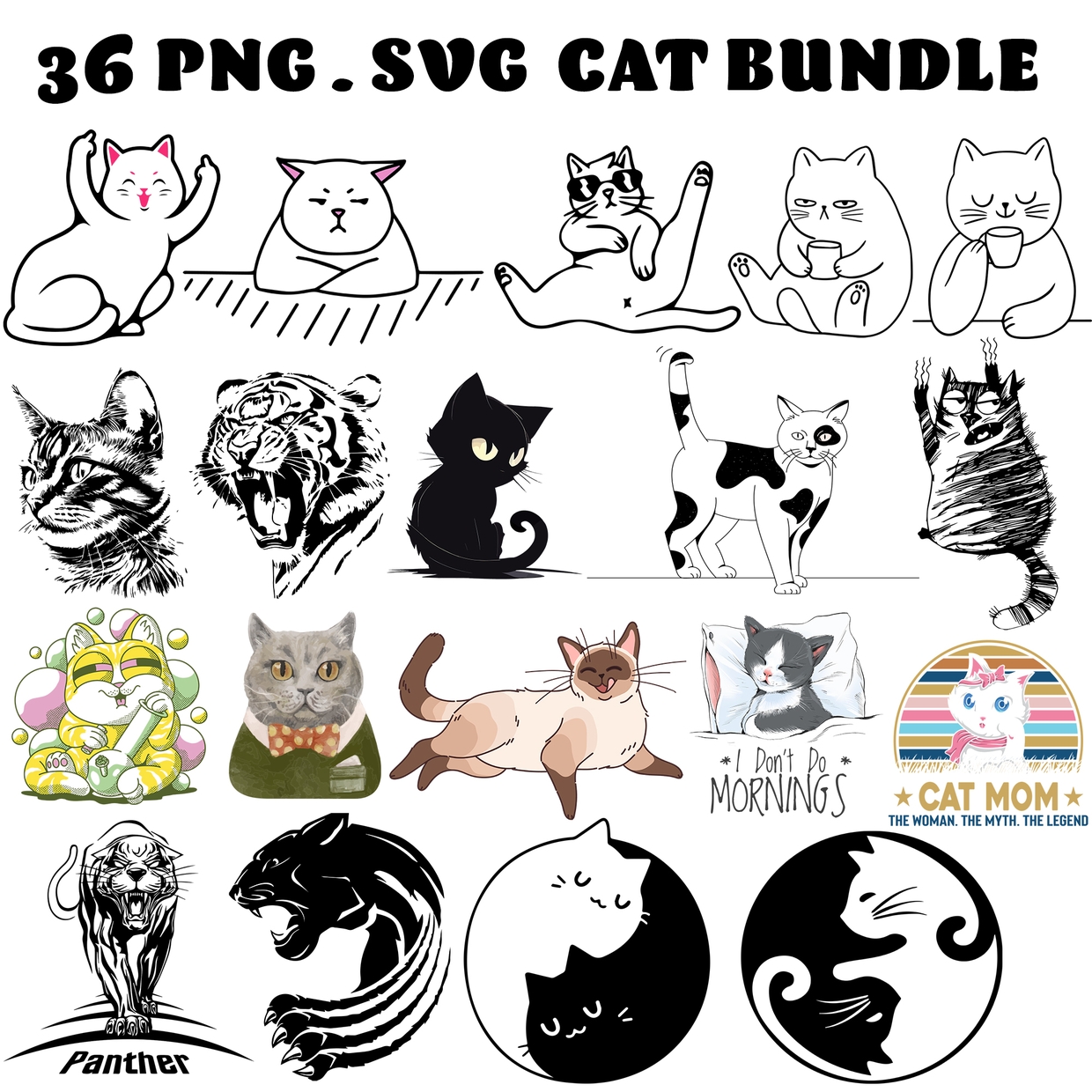 36 Cat PNG Files For Sublimation. 30 Cat SVG File Bund - FRESH BAKED FILES