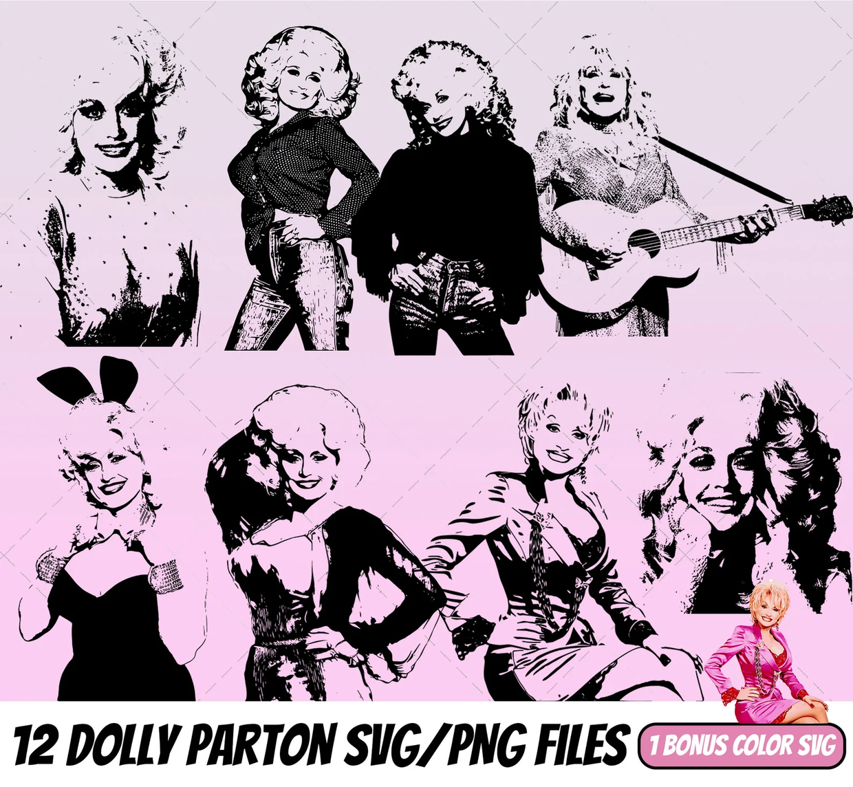 12 unique files in SVG PNG files Dolly Parton Silhouet - FRESH BAKED FILES