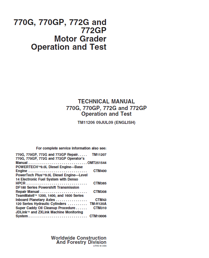 John Deere 770G 770GP 772G 772GP Motor Grader Technica - The Repair Manual