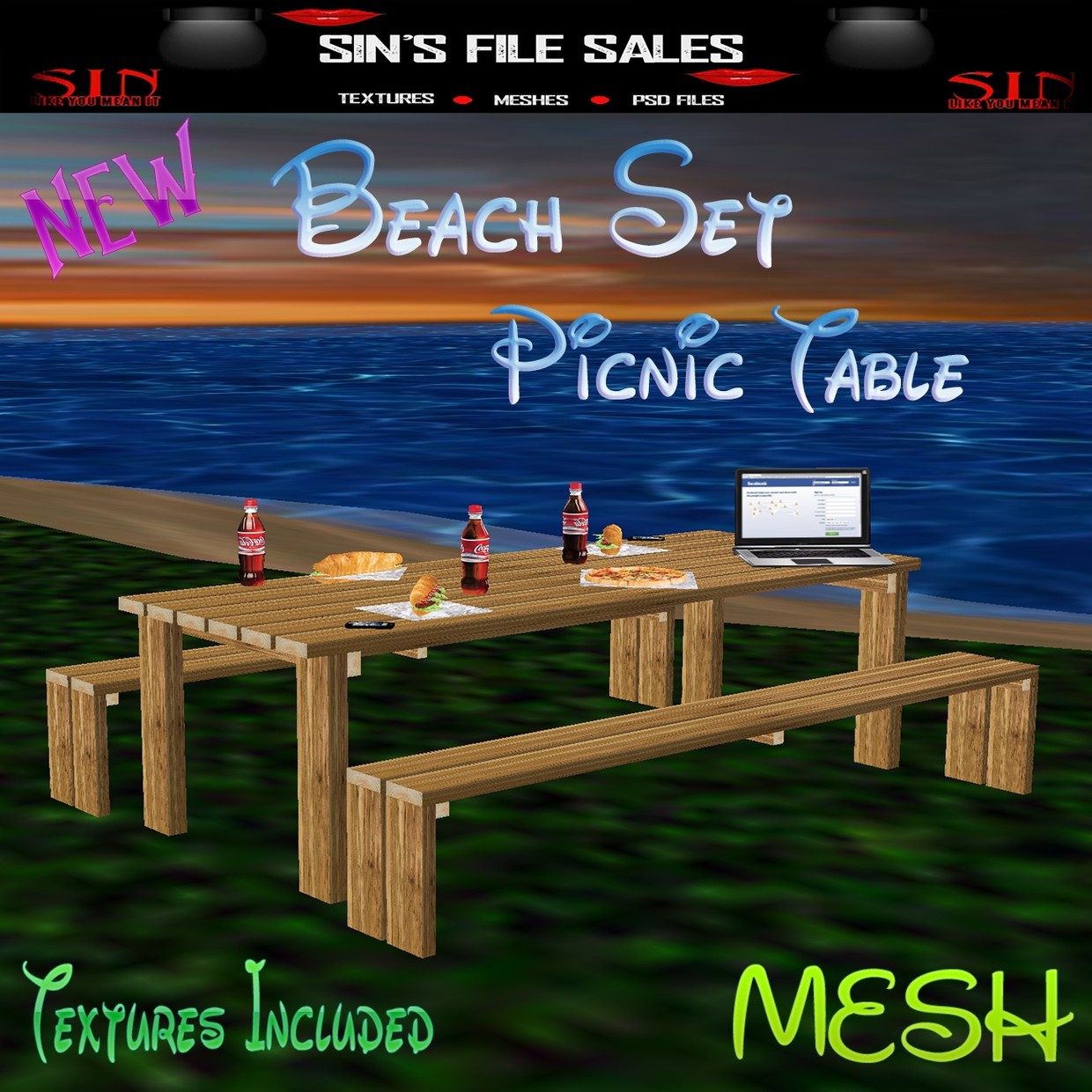 Picnic Table Beach Style *Mesh w/Textures - IMVU Shop and File Sales