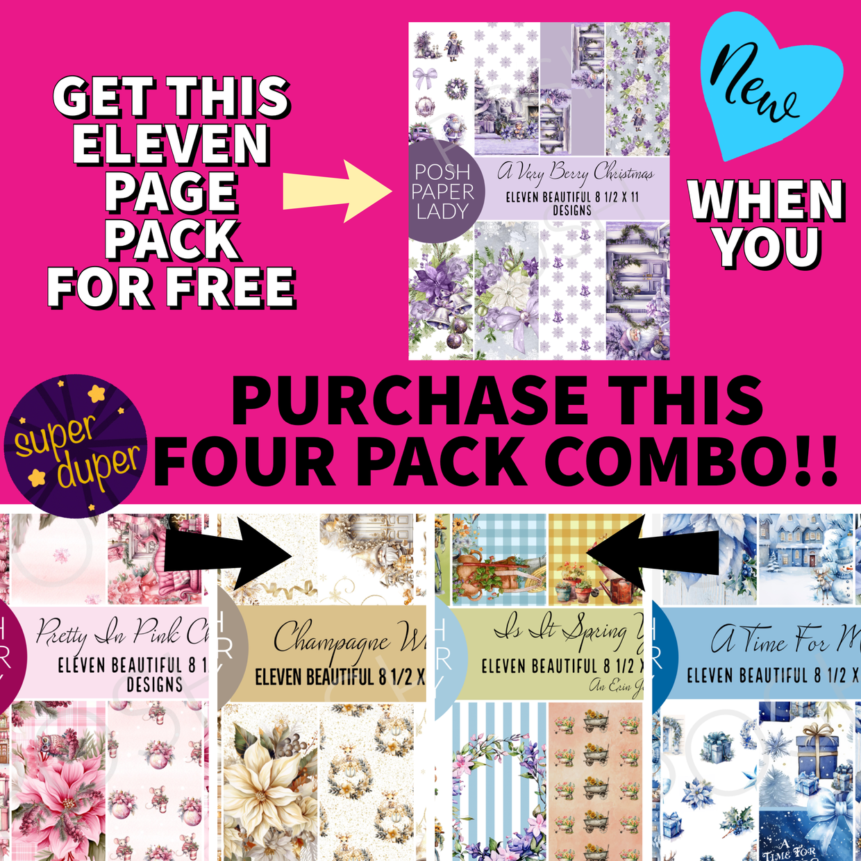 🌟SUPER DUPER COMBO🌟 FOUR DIGITAL PAPER PACKS plus a 5 - POSH PAPER LADY