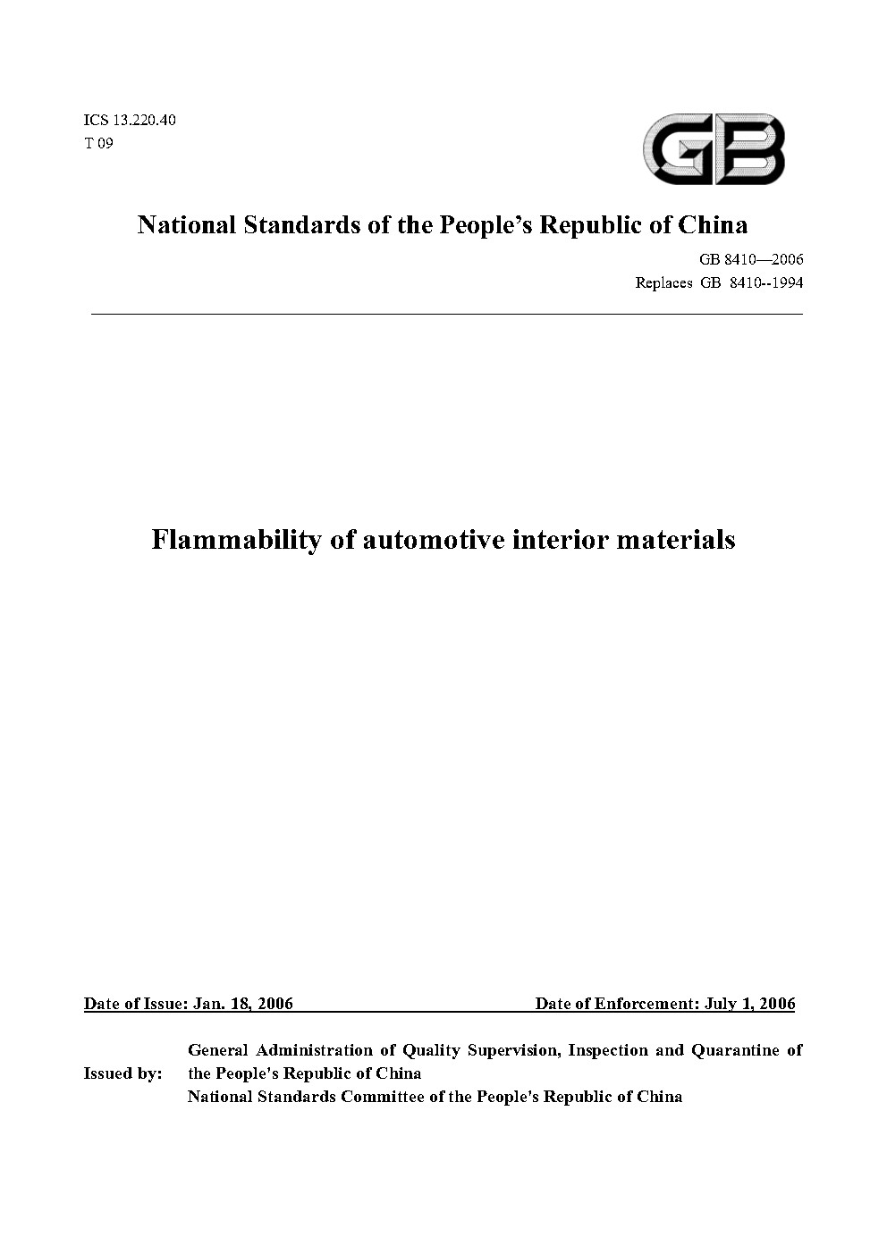 China Standard: GB 8410—2006 Flammability of automotiv - Chinese ...
