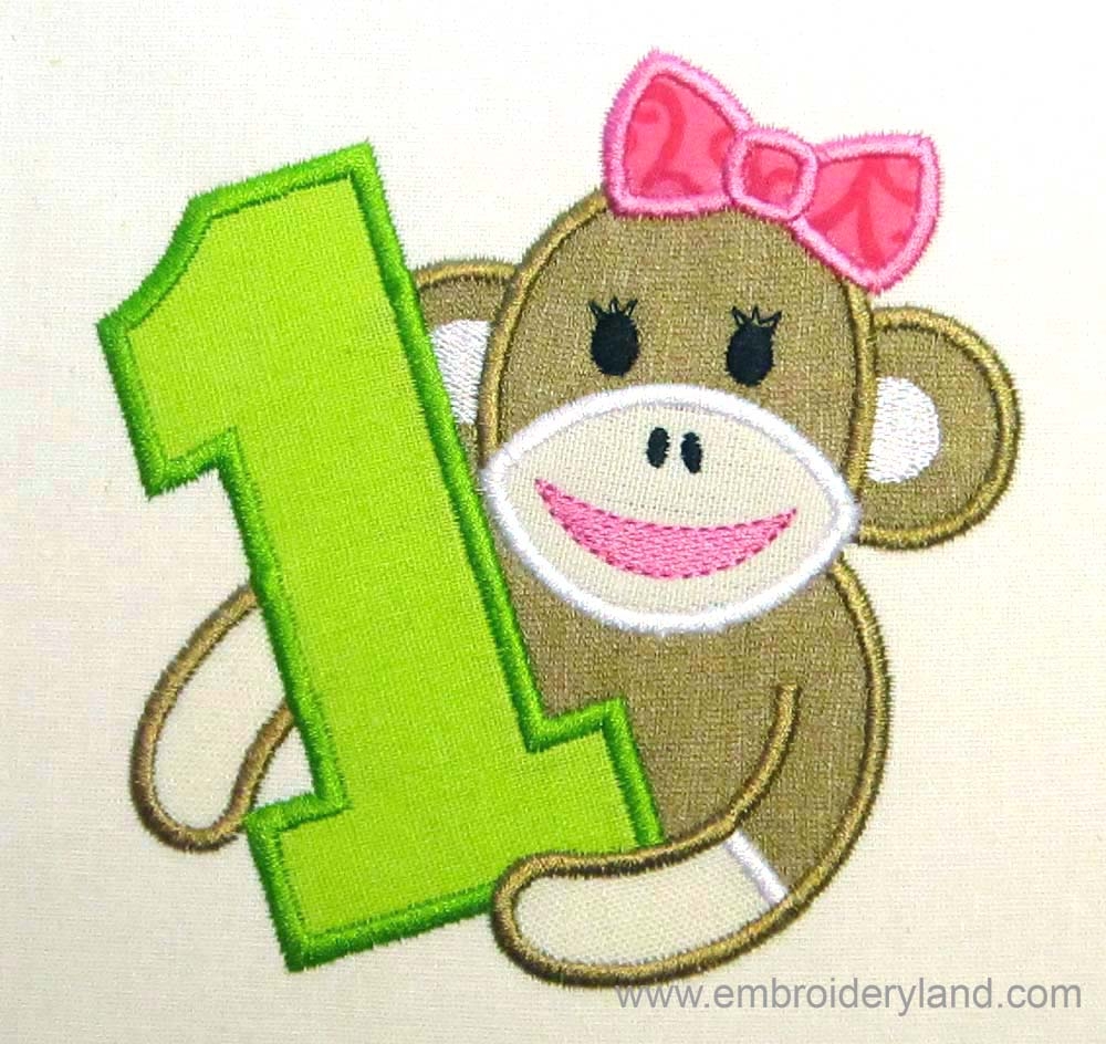 Sock Monkey Number 1 Applique Machine Embroidery HB017 - EmbroideryLand