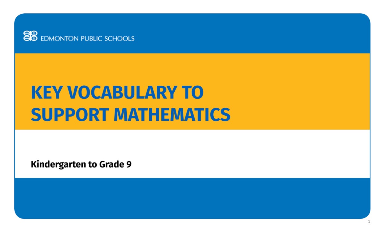 Key Vocabulary to Support Mathematics English - Kinder - EPSB Resources