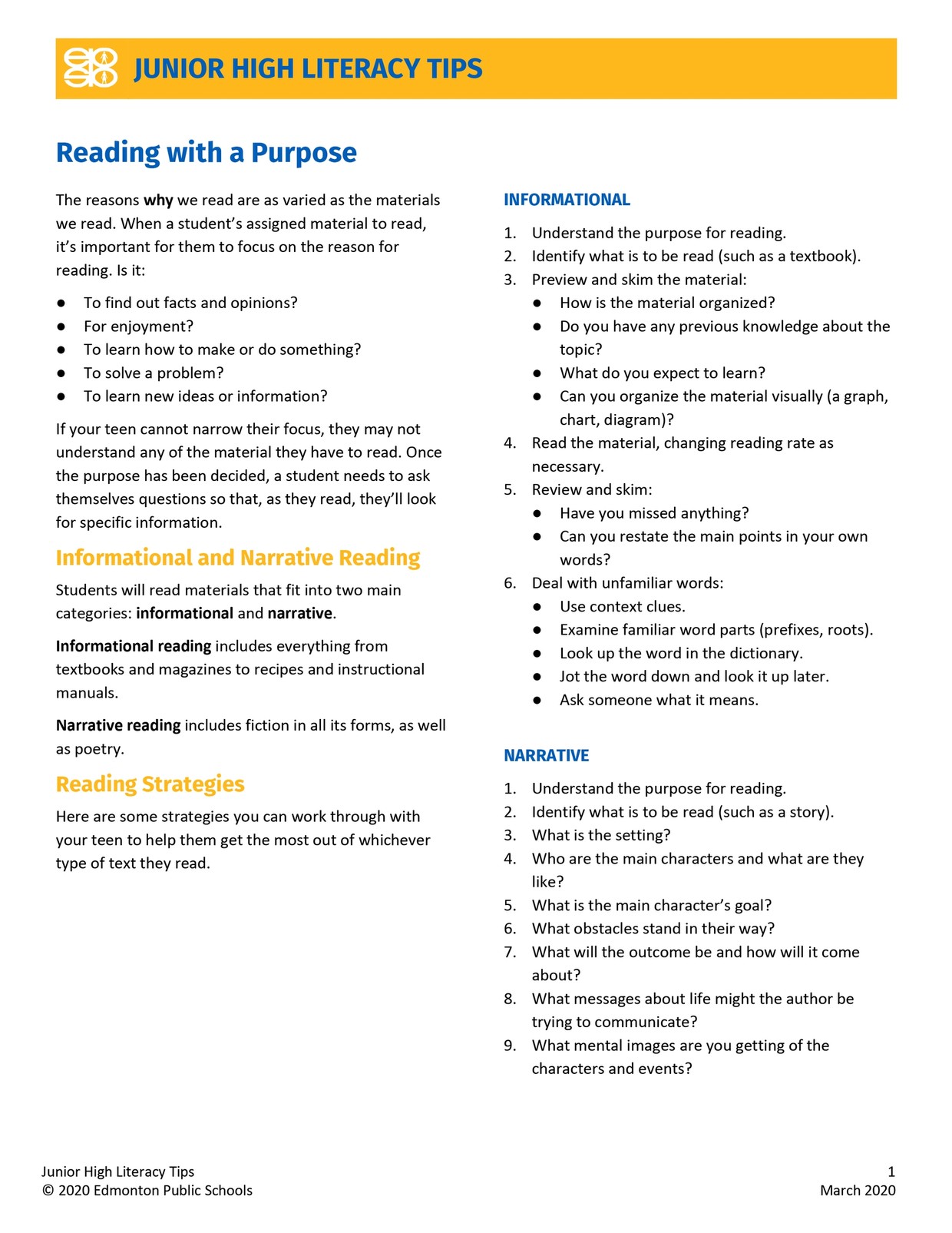 Literacy Tips - Junior High - EPSB Resources
